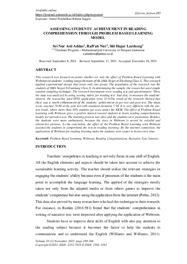 (PDF) Assessing Students’ Achievement in Reading Comprehension Through Problem Based Learning Model