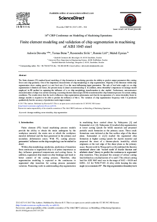 Pdf Finite Element Modeling And Validation Of Chip Segmentation In Machining Of Aisi 1045
