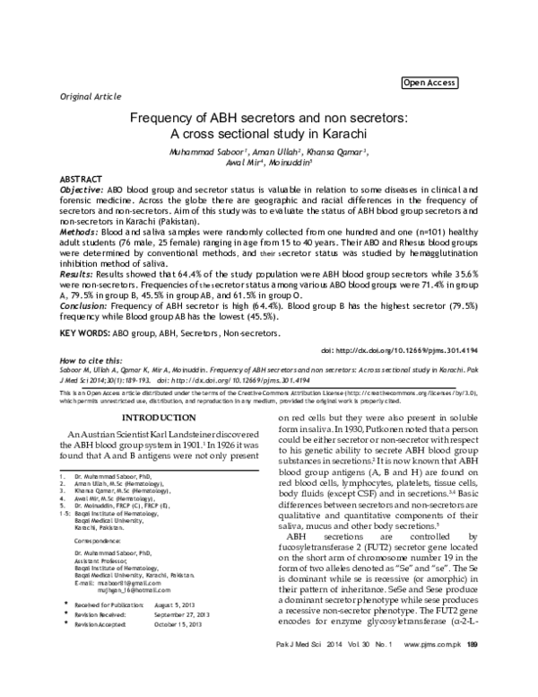 (PDF) Frequency of Abh Secretors and Non Secretors in Pakistani Population