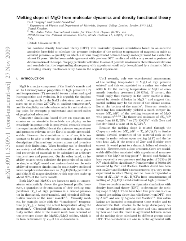 (PDF) Melting slope of MgO from molecular dynamics and density ...