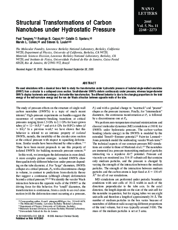 (PDF) Structural Transformations of Carbon Nanotubes under Hydrostatic Pressure