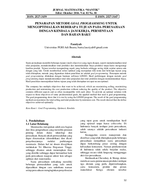 (PDF) Penarapan Metode Goal Programming Untuk Mengoptimalkan Beberapa ...