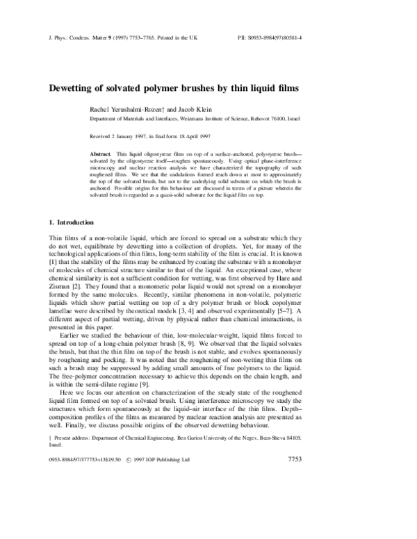 (PDF) Dewetting of solvated polymer brushes by thin liquid films