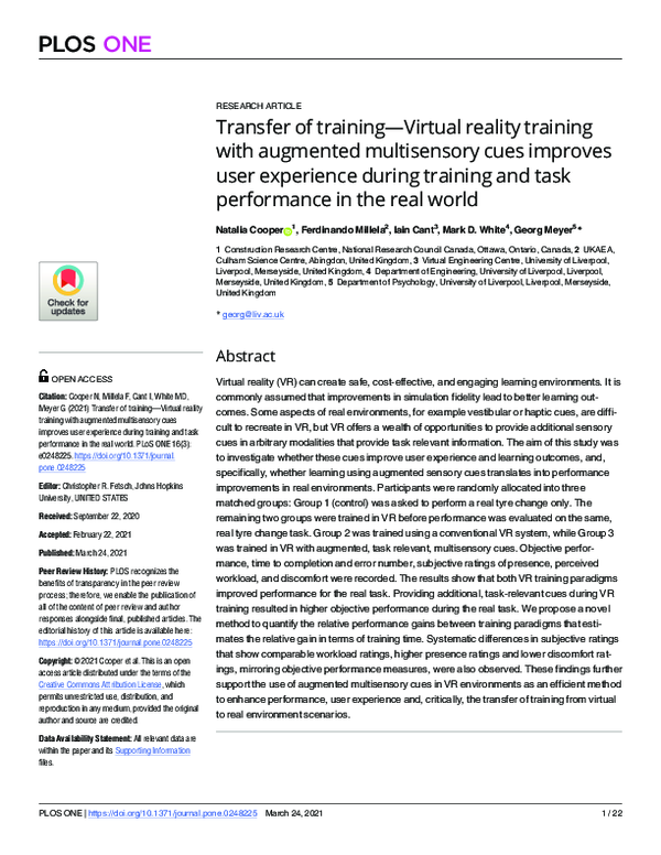(PDF) Transfer of training—Virtual reality training with augmented multisensory cues improves ...