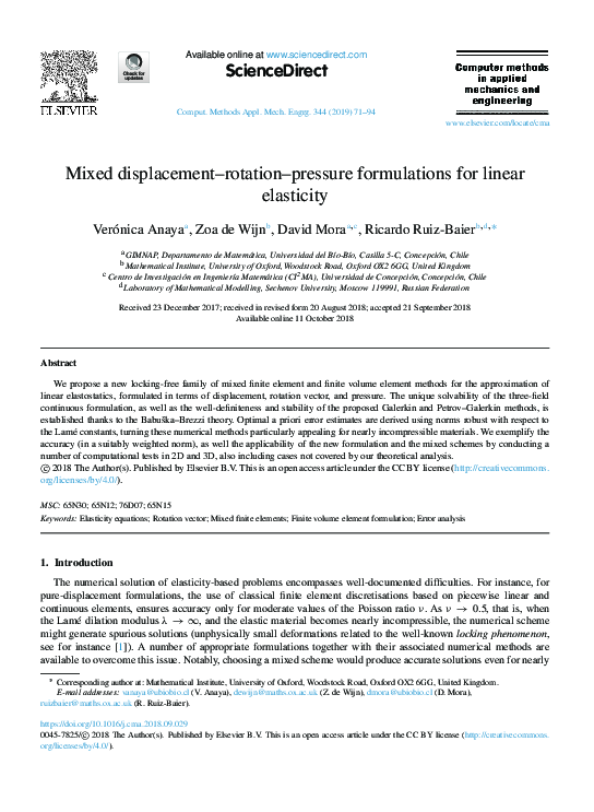 (PDF) Mixed displacement–rotation–pressure formulations for linear elasticity | David Closa Mora ...
