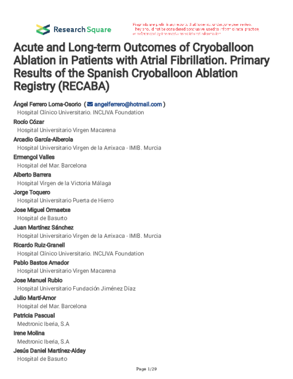 (PDF) Acute and Long-term Outcomes of Cryoballoon Ablation in Patients ...