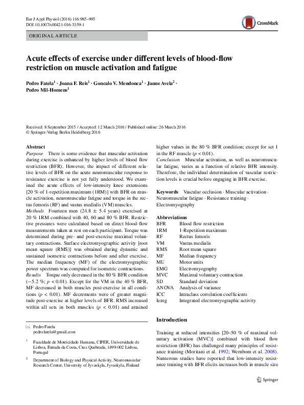 (PDF) Acute effects of exercise under different levels of blood-flow restriction on muscle ...