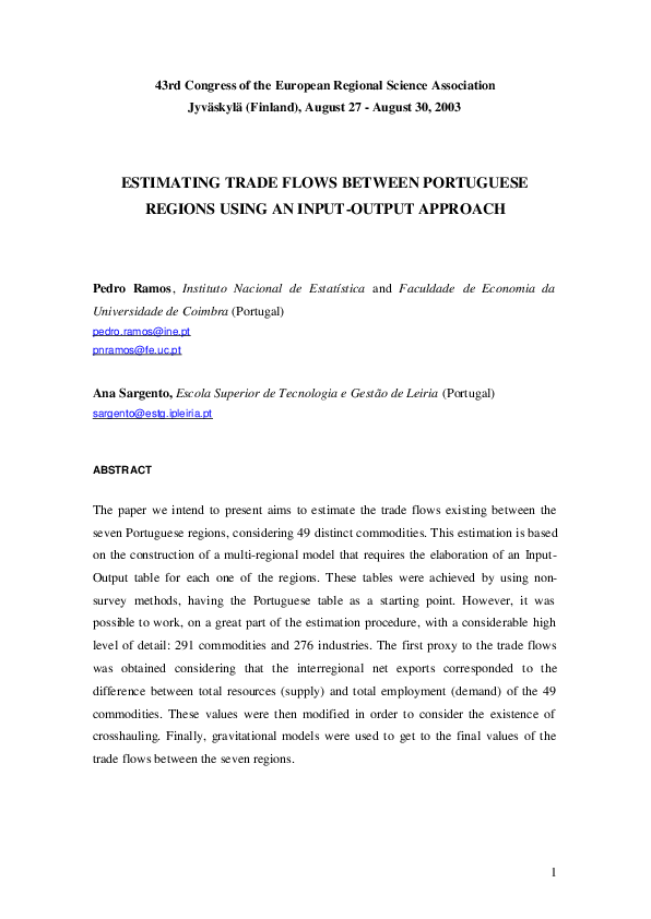 (PDF) Estimating Trade Flows Between Portuguese Regions Using an Input-Output Approach
