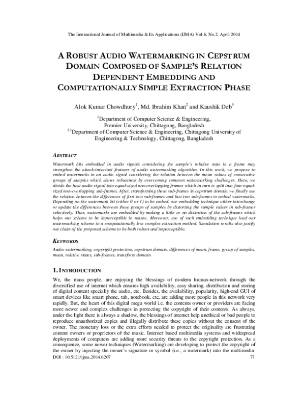 (PDF) A Robust Audio Watermarking in Cepstrum Domain Composed of Sample's Relation Dependent ...