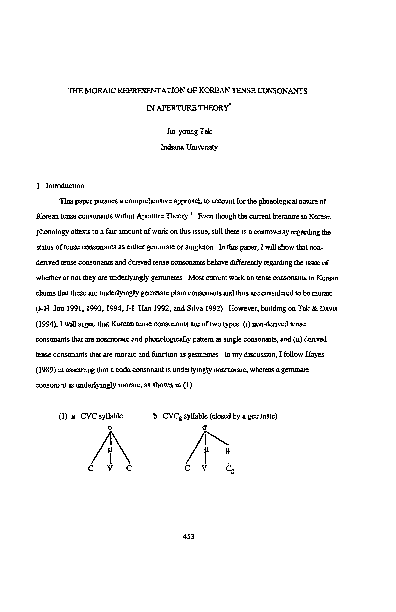 (PDF) Moraic Representation of Korean Tense Consonants in Aperture Theory