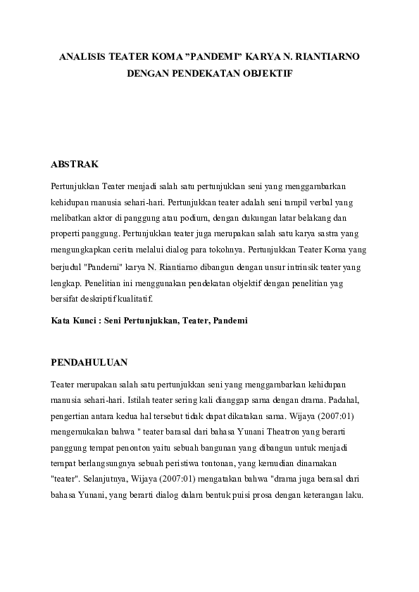 (DOC) ANALISIS TEATER KOMA "PANDEMI" KARYA N. RIANTIARNO