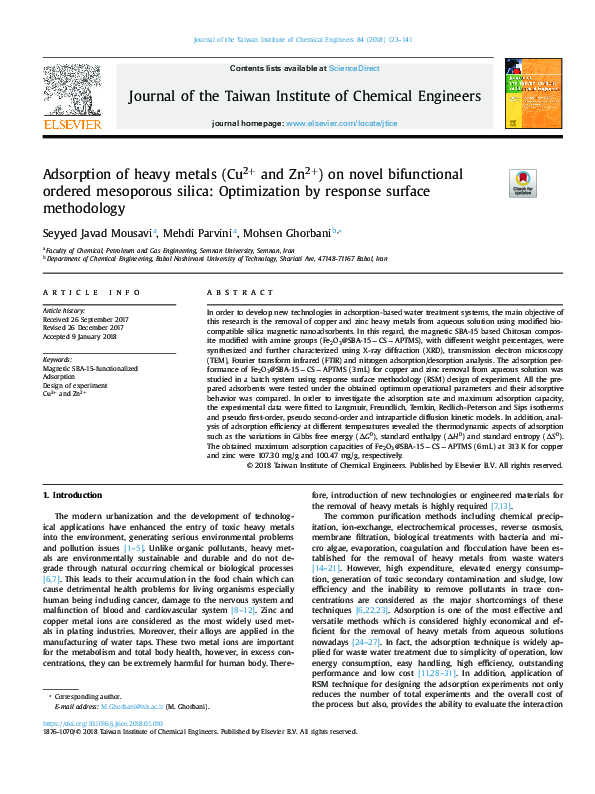 (PDF) Adsorption of heavy metals (Cu 2+ and Zn 2+ ) on novel bifunctional ordered mesoporous ...