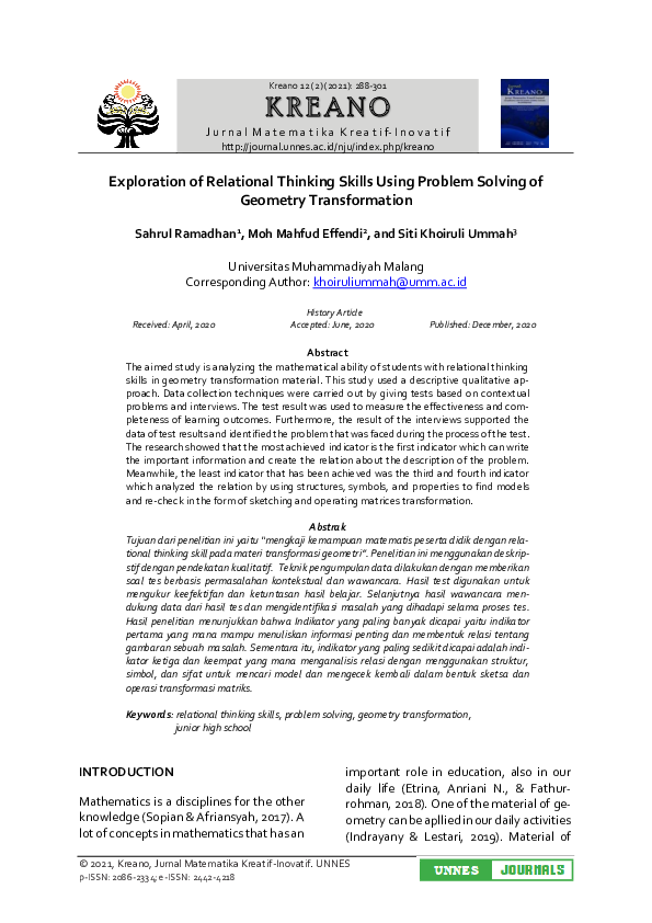 Pdf Exploration Of Relational Thinking Skills Using Problem Solving Of Geometry Transformation