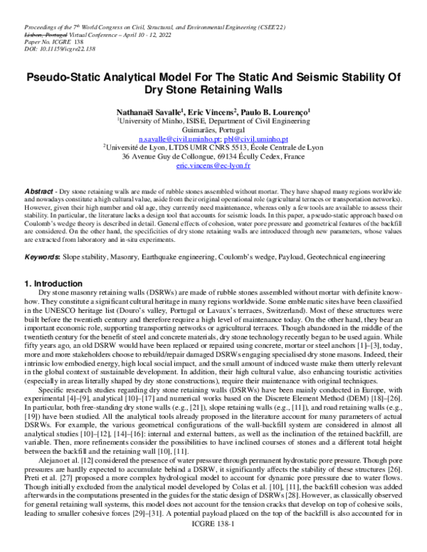 (PDF) Pseudo-Static Analytical Model For The Static And Seismic Stability Of Dry Stone Retaining ...