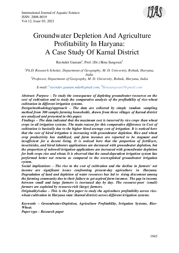 (PDF) Groundwater Depletion And Agriculture Profitability In Haryana: A ...