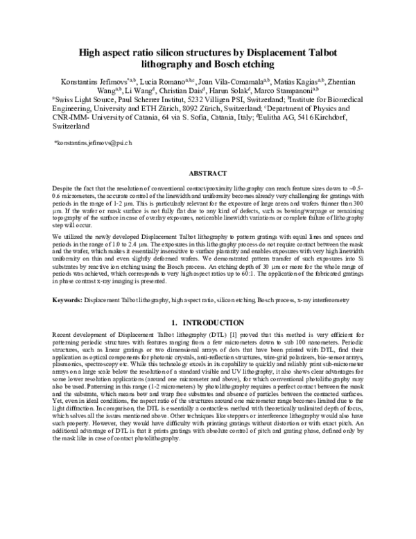 Pdf High Aspect Ratio Silicon Structures By Displacement Talbot Lithography And Bosch Etching