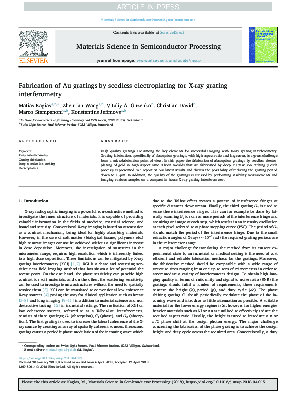 (PDF) Fabrication of Au gratings by seedless electroplating for X-ray grating interferometry