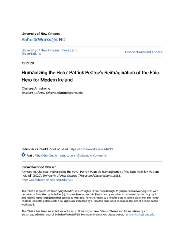 (PDF) Humanizing the Hero: Patrick Pearse’s Reimagination of the Epic Hero for Modern Ireland