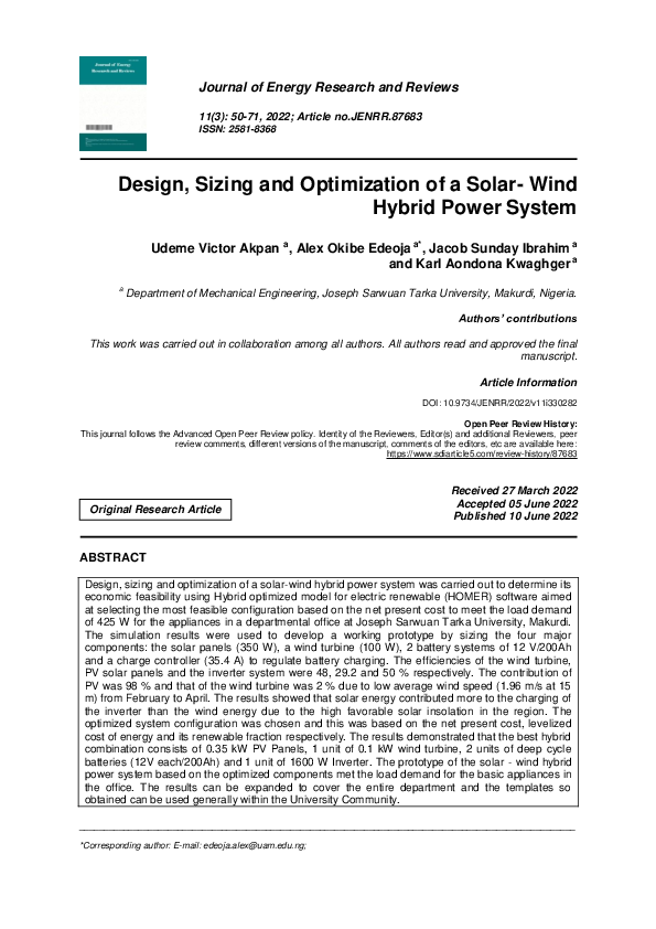 Pdf Design Sizing And Optimization Of A Solar Wind Hybrid Power System Victor Akpan
