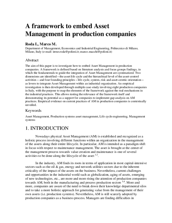 (PDF) A framework to embed Asset Management in production companies