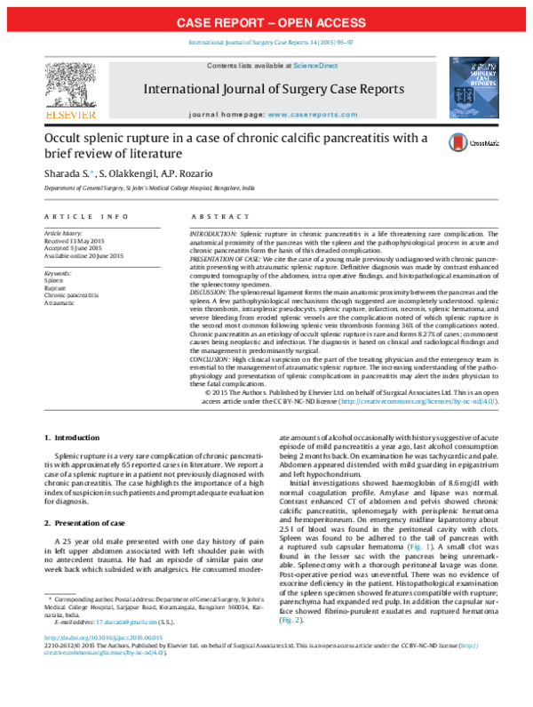 (PDF) Occult splenic rupture in a case of chronic calcific pancreatitis ...