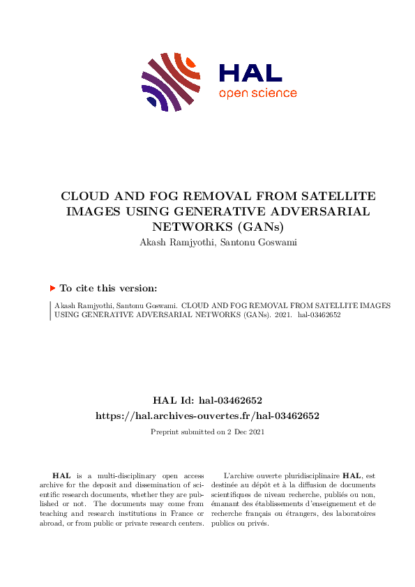 Pdf Cloud And Fog Removal From Satellite Images Using Generative