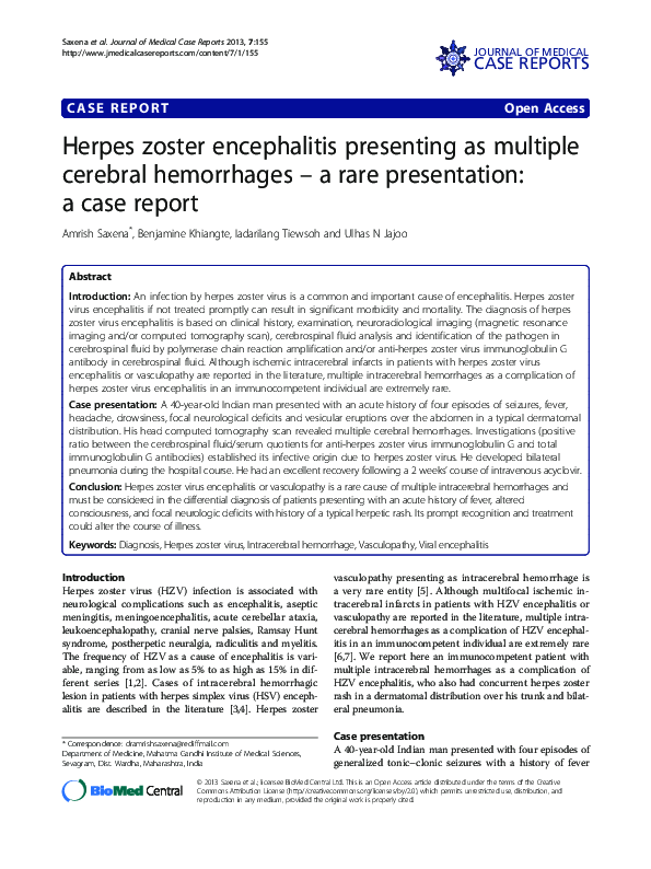 (PDF) Herpes zoster encephalitis presenting as multiple cerebral ...