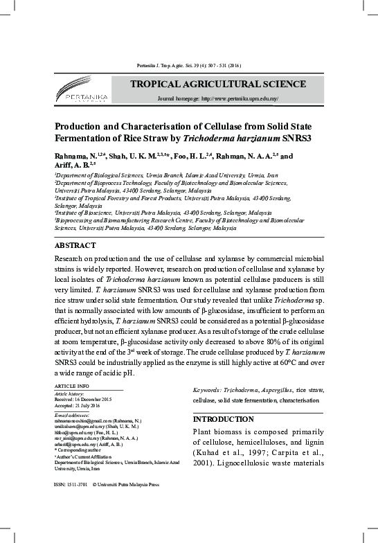 Pdf Production And Characterisation Of Cellulase From Solid State Fermentation Of Rice Straw