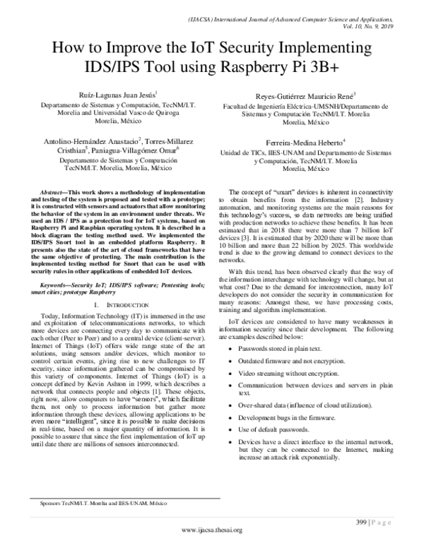 Pdf How To Improve The Iot Security Implementing Idsips Tool Using Raspberry Pi 3b