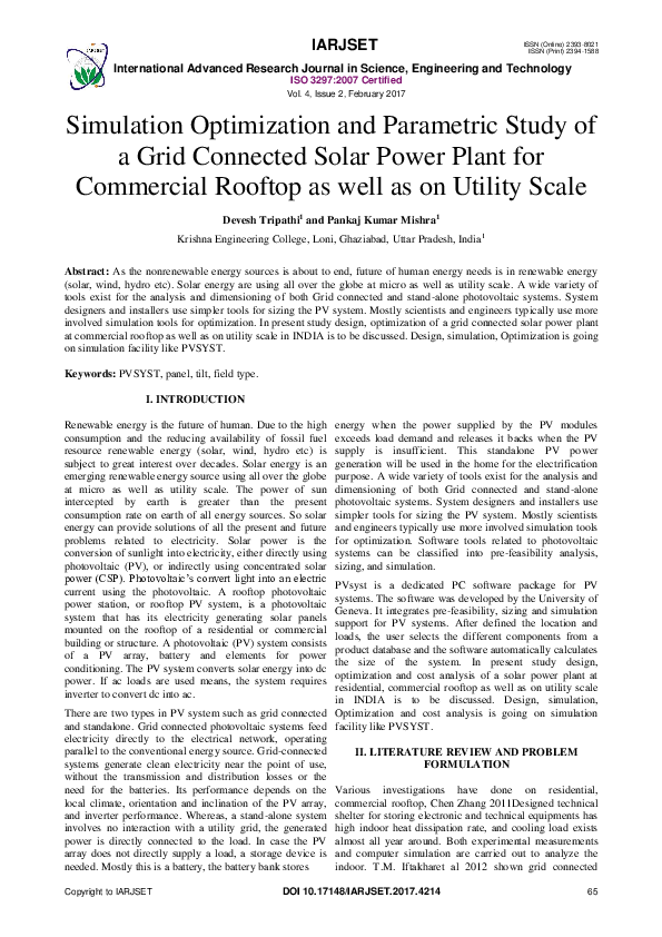 (PDF) Simulation Optimization and Parametric Study of a Grid Connected Solar Power Plant for ...