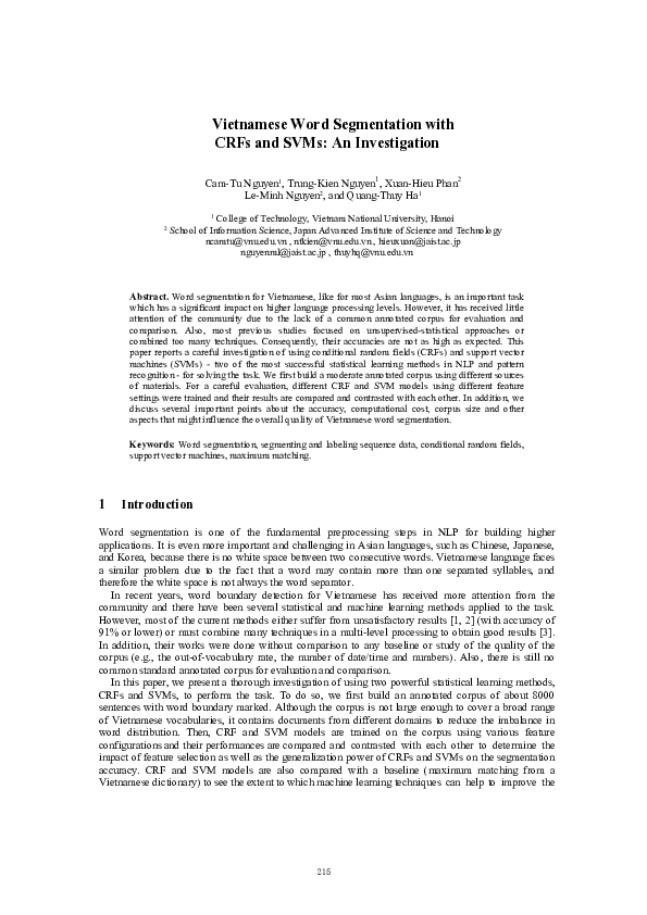 (PDF) Vietnamese word segmentation with CRFs and SVMs: An investigation