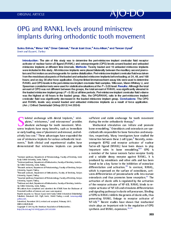 (PDF) OPG and RANKL levels around miniscrew implants during orthodontic ...