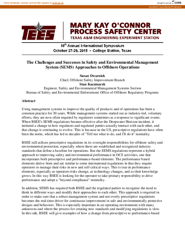 (PDF) The Challenges and Successes in Safety and Environmental ...