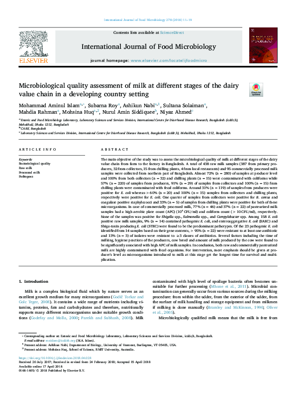 (PDF) Microbiological quality assessment of milk at different stages of the dairy value chain in ...