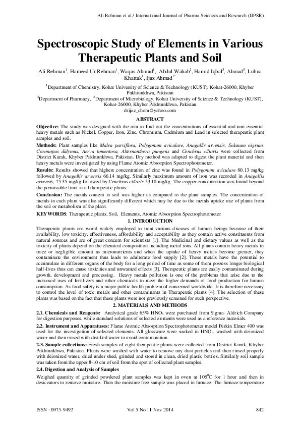 (PDF) Spectroscopic Study of Elements in Various Therapeutic Plants and Soil
