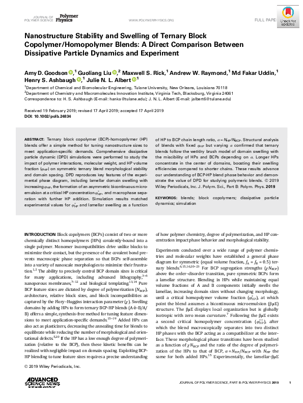 (PDF) Nanostructure stability and swelling of ternary block copolymer/homopolymer blends: A ...