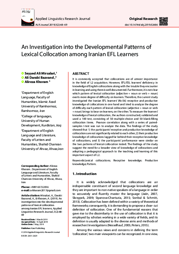 Pdf An Investigation Into The Developmental Patterns Of Lexical Collocation Among Iranian Efl