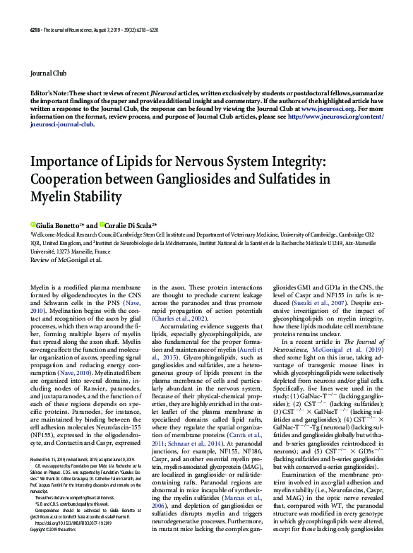 (PDF) Importance of Lipids for Nervous System Integrity: Cooperation between Gangliosides and ...