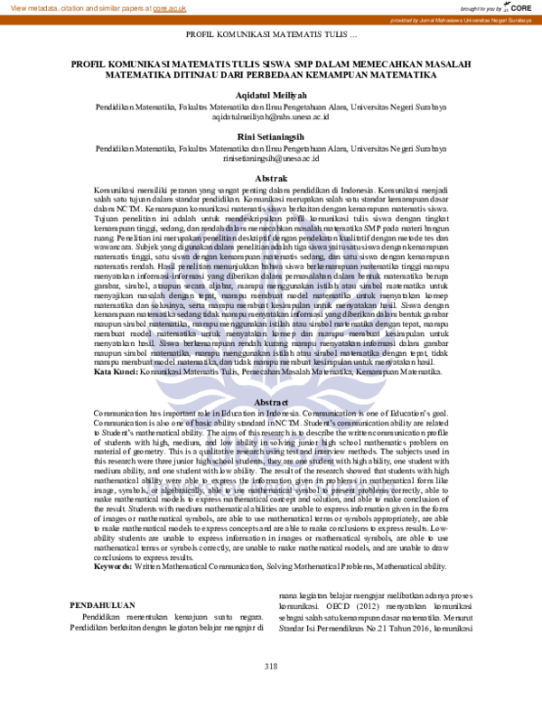 (PDF) Profil Komunikasi Matematis Tulis Siswa SMP dalam Memecahkan Masalah Matematika Ditinjau ...