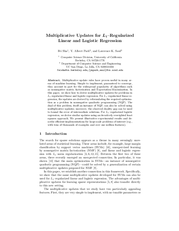 Pdf Multiplicative Updates For L 1regularized Linear And Logistic Regression