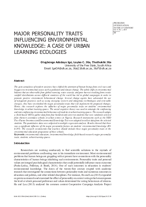 (PDF) Major Personality Traits Influencing Environmental Knowledge: A ...