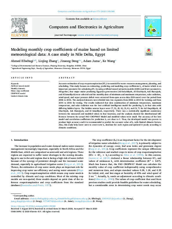 Pdf Modeling Monthly Crop Coefficients Of Maize Based On Limited Meteorological Data A Case