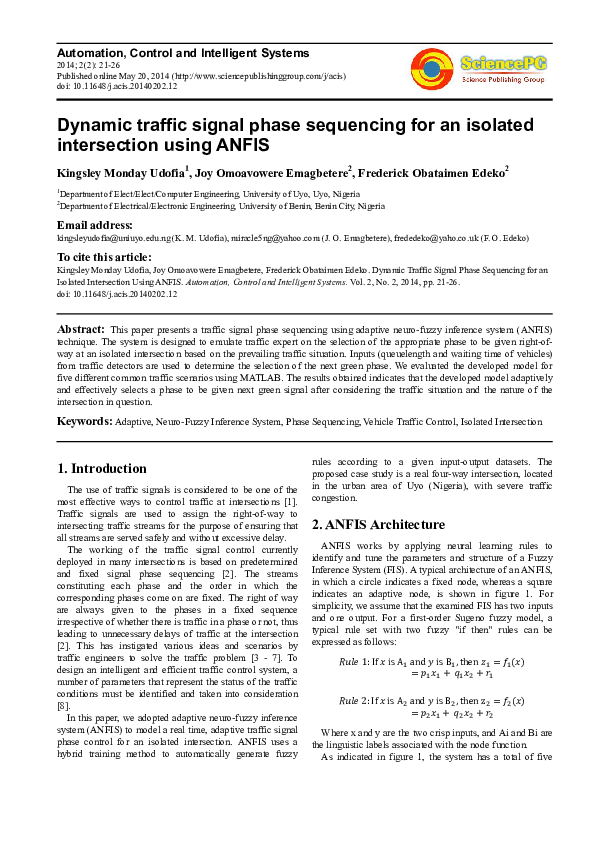 (PDF) Dynamic Traffic Signal Phase Sequencing for an Isolated Intersection Using ANFIS
