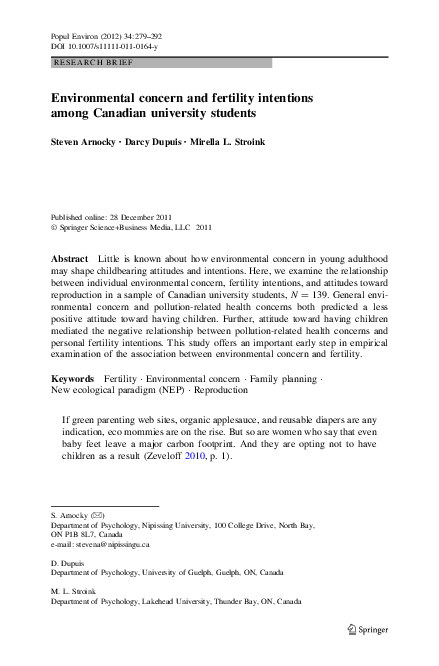 (PDF) Environmental concern and fertility intentions among Canadian university students