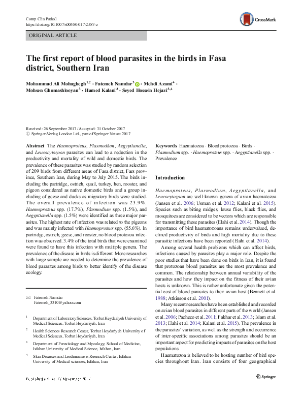 (PDF) The first report of blood parasites in the birds in Fasa district ...