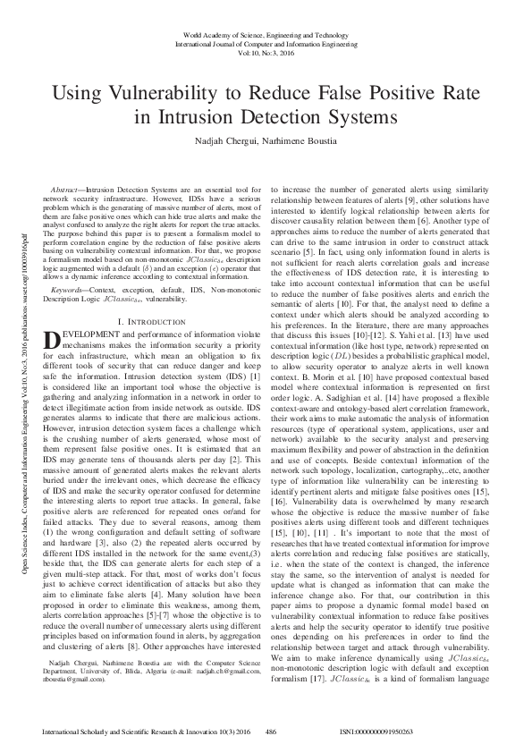Pdf Using Vulnerability To Reduce False Positive Rate In Intrusion Detection Systems
