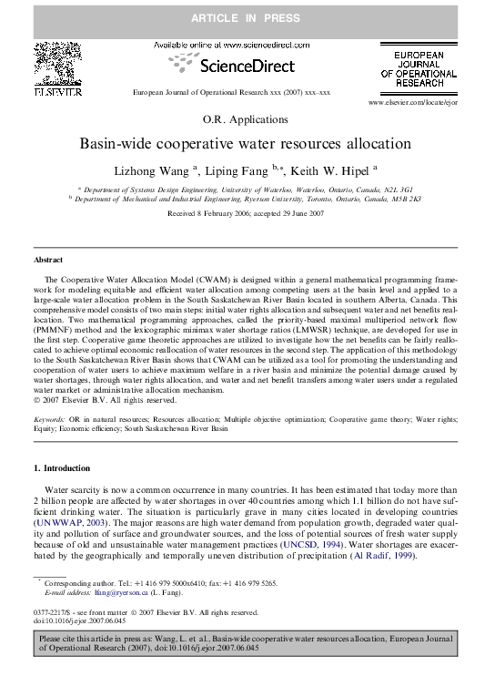 Pdf Basin Wide Cooperative Water Resources Allocation