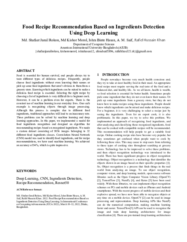 Pdf Food Recipe Recommendation Based On Ingredients Detection Using Deep Learning