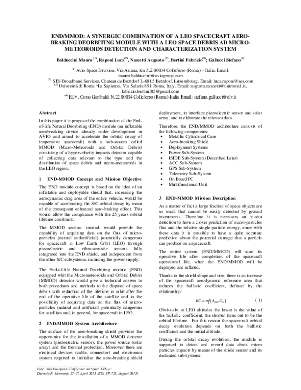 Pdf End Mmod A Synergic Combination Of A Leo Spacecraft Aero Braking Deorbiting Module With A