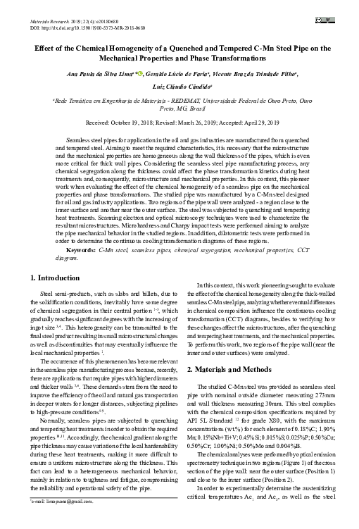 (PDF) Impact of Chemical Homogeneity on C-Mn Steel Pipe Properties